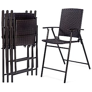 RELAX4LIFE Folding Bar Stools Set of 4 - Rattan Bar Chairs w/Back, Metal Frame, Armrests & Footrest, Indoor Outdoor Counter Height Chairs for Kitchen Backyard Garden Patio, Portable Wicker Barstools
