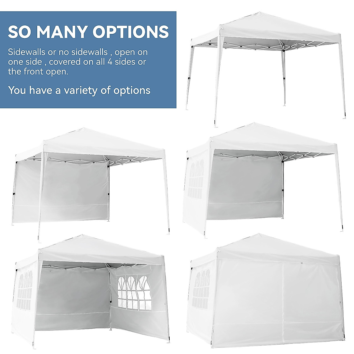 Elevon 10'x10' Pop Up Canopy with Sidewalls Adjustable Leg Heights with Wheeled Carrying Bag, Stakes, Rope and 4X Weighted Sand Bags, White with Sidewalls