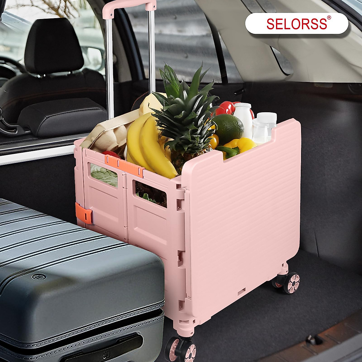 Foldable Utility Cart Collapsible Portable Tool Cart with Wheels Tote Basket,176LBS Load Capacity,Magnetic Lid Telescopic Cover with 360° Wheels Telescoping Handle for Grocery Laundry Luggage,Pink