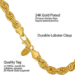 LIFETIME JEWELRY 7mm Rope Chain Bracelet for Men and Women 24K Real Gold Plated (Gold, 8 inches)