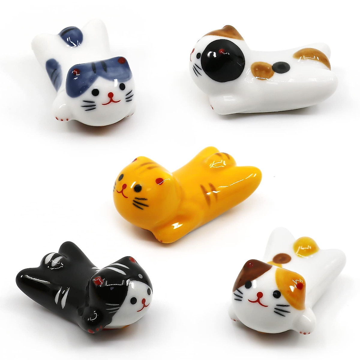 5 Pack Cat Chopsticks Rest Set, Japanese Style Porcelain Cute Lucky Cat Ceramic Chopsticks Holder Rack for Dinner Spoon Fork Knife Tableware, Chinese Paint Brush Rests, Decoration Home Kitchen Gift