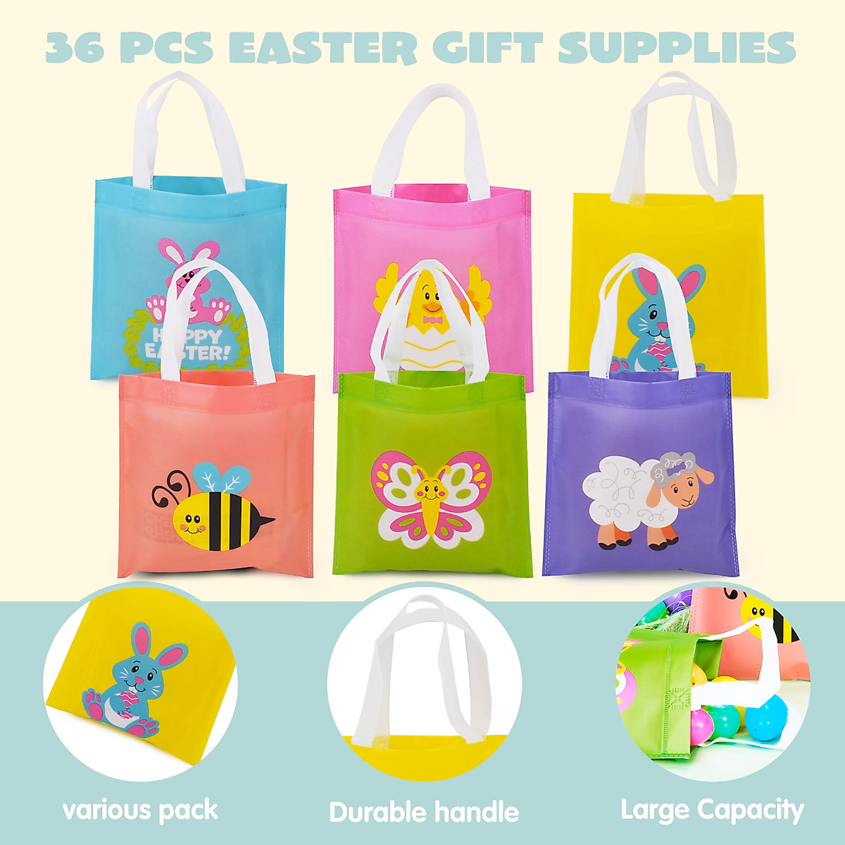 JOYIN 36 PCS Easter Gift Bags, Non Woven Easter Tote Bags with Handles Party Treat Bags for Gifts Wrapping, Egg Hunt Game, Easter Party Supplies