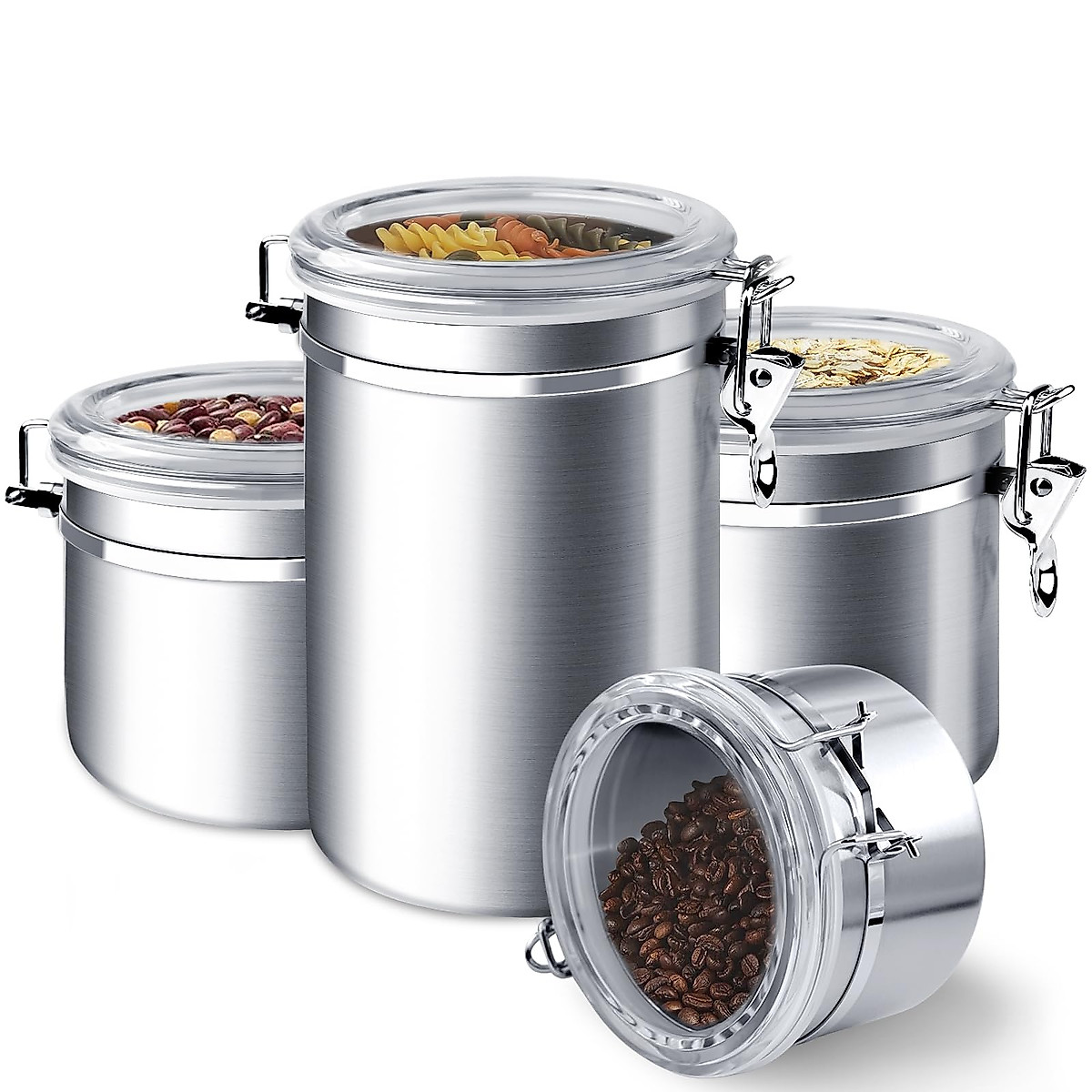 ENLOY 4-Piece Stainless Steel Airtight Food Storage Canister Set with Clear Lid, Canister Sets for Kitchen Counter for Sugar, Flour, Tea, Candy, Cookie, Spice, 28/32/38/65 oz
