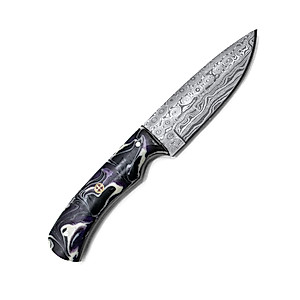 Titan International Knives Damascus Steel Fixed Blade Hunting and Skinning Knife | Handmade 1095 4340 Carbon Mix Hand Pounded | Stabilized Acrylic Handle includes Leather Sheath