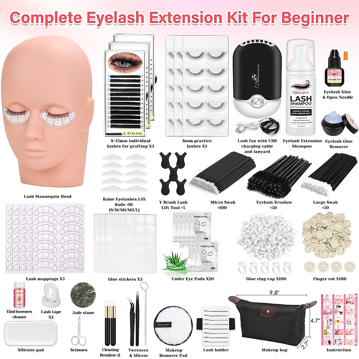 Qinzave Lash Shampoo for Lash Extensions Kit Eyelash Extension Cleanser Kit with Lash Fan Dryer Wash Bottle Storage Bag, Lash Cleanser Paraben& Sulfate Free for Salon Home Use