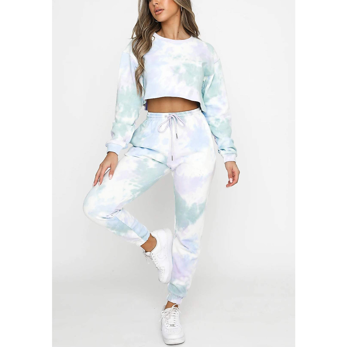 WephuPSho Women's 2 Piece Tracksuits Outfit Set Tie Dye Round Neck Long Sleeve Crop Top+ Trousers Casual Fall Clothes Sports Sweatsuit (Light green, S)