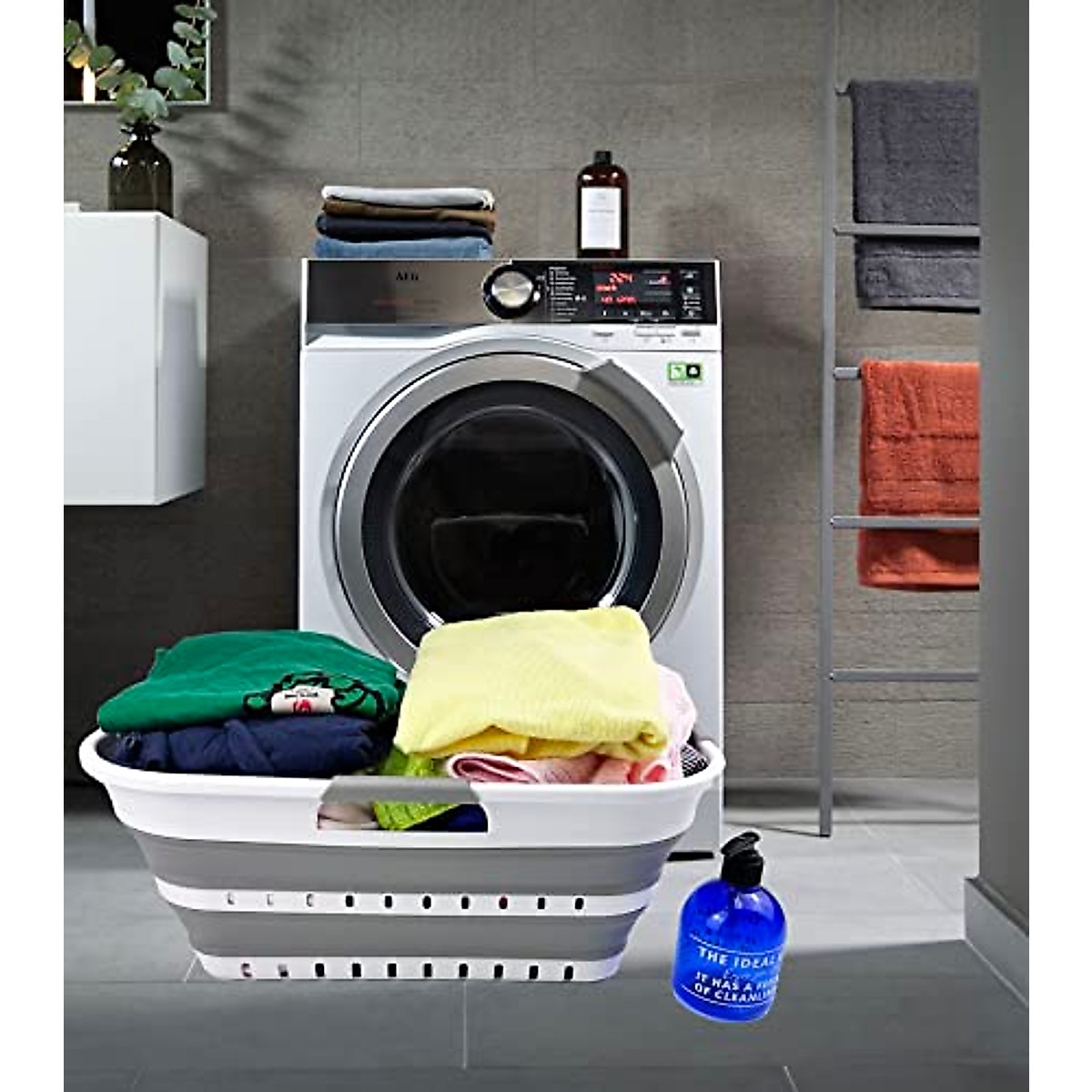 SAMMART 21L (5.5 gallon) Super Mini Collapsible 3 Handled Plastic Basket - Foldable Pop Up Storage Container/Organizer - Space Saving Hamper/Basket (White/Grey)