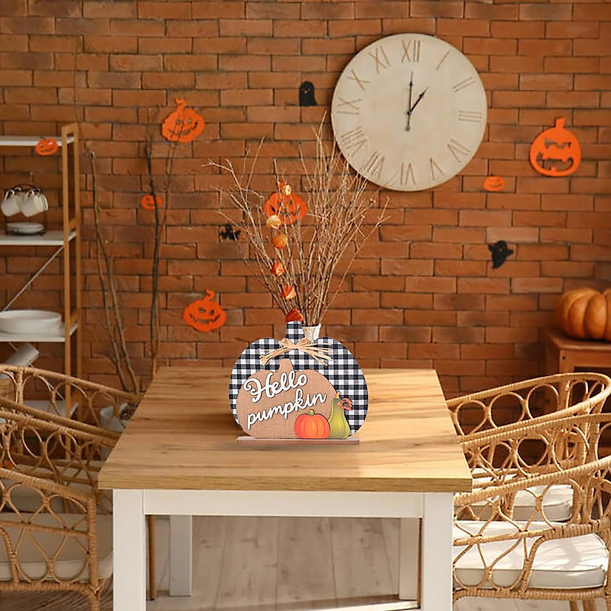 IDATOO Fall Decoration Signs, Hello Pumpkin Fall Décor for Fireplace and Tabletop Centerpiece - Cozy Wooden Rustic Buffalo Plaid Design for Halloween, Thanksgiving, and Autumn Holiday Indoor