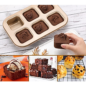 Webake Brownie Cake Pan, 6-Cavity Non-Stick Square Muffin Pan 1.6 Inch Deep Brownie Mold Small Cake Pan Bakeware for Oven Baking (Champagne Gold)