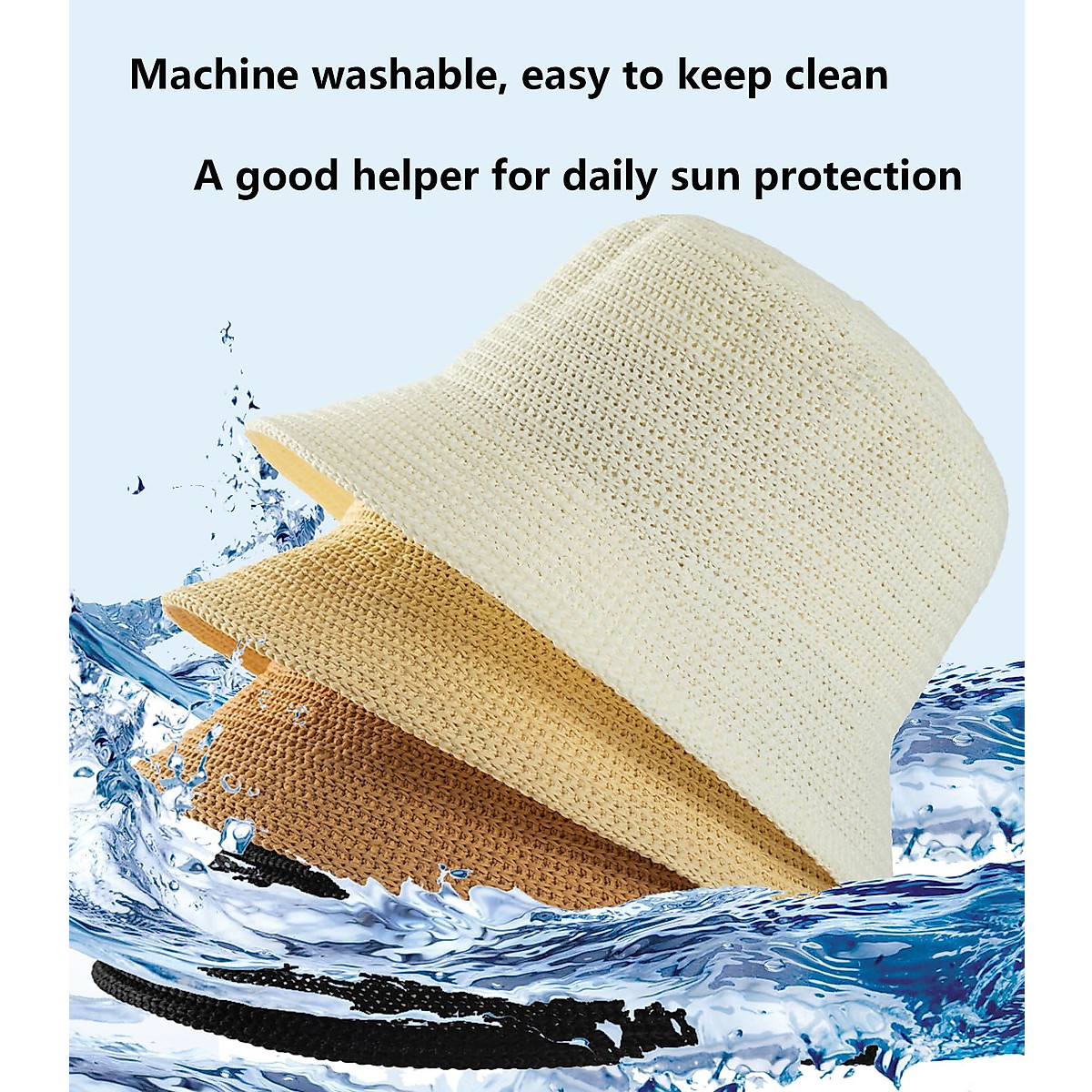 MEINICY Women Mesh Woven Bucket Hat Beach Hat Straw Sun Hat Fashion Foldable Packable Fishing Solid Black Hat for Spring Summer Autumn