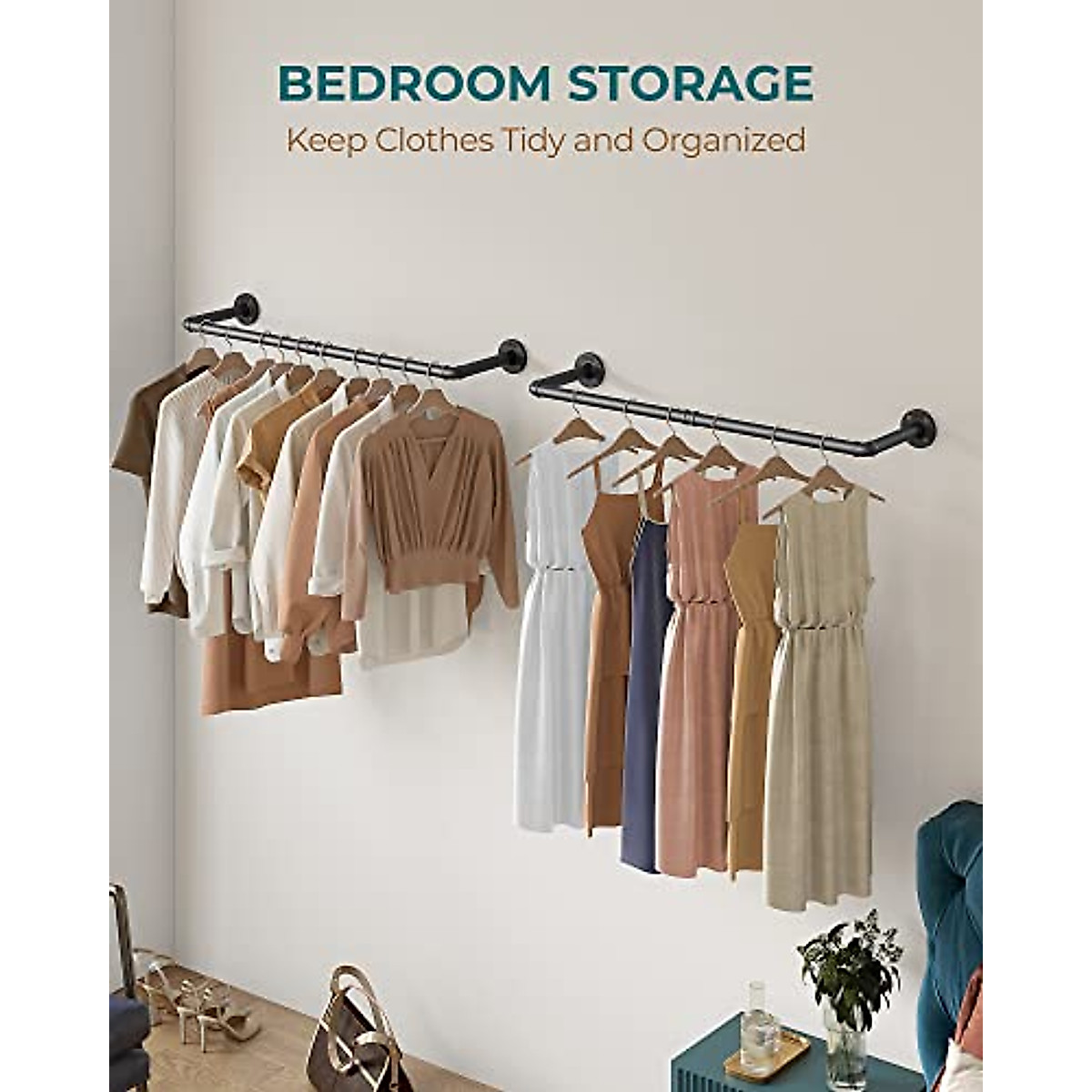 OROPY Industrial Pipe Clothes Rack Wall Mounted Set of 2, 38.4 inches Heavy Duty Iron Pipe Clothing Garment Rail, Multi-Purpose Clothing Hanging Rod for Laundry Room and Closet Storage