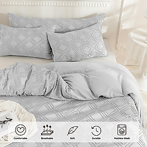 JELLYMONI Light Grey Duvet Cover Queen Size - 3 PCS Microfiber Tufted Duvet Cover Set, Boho Textured Duvet Cover Jacquard Rhombus Geometric Pattern Duvet Cover with Corner Ties & Zipper Closure