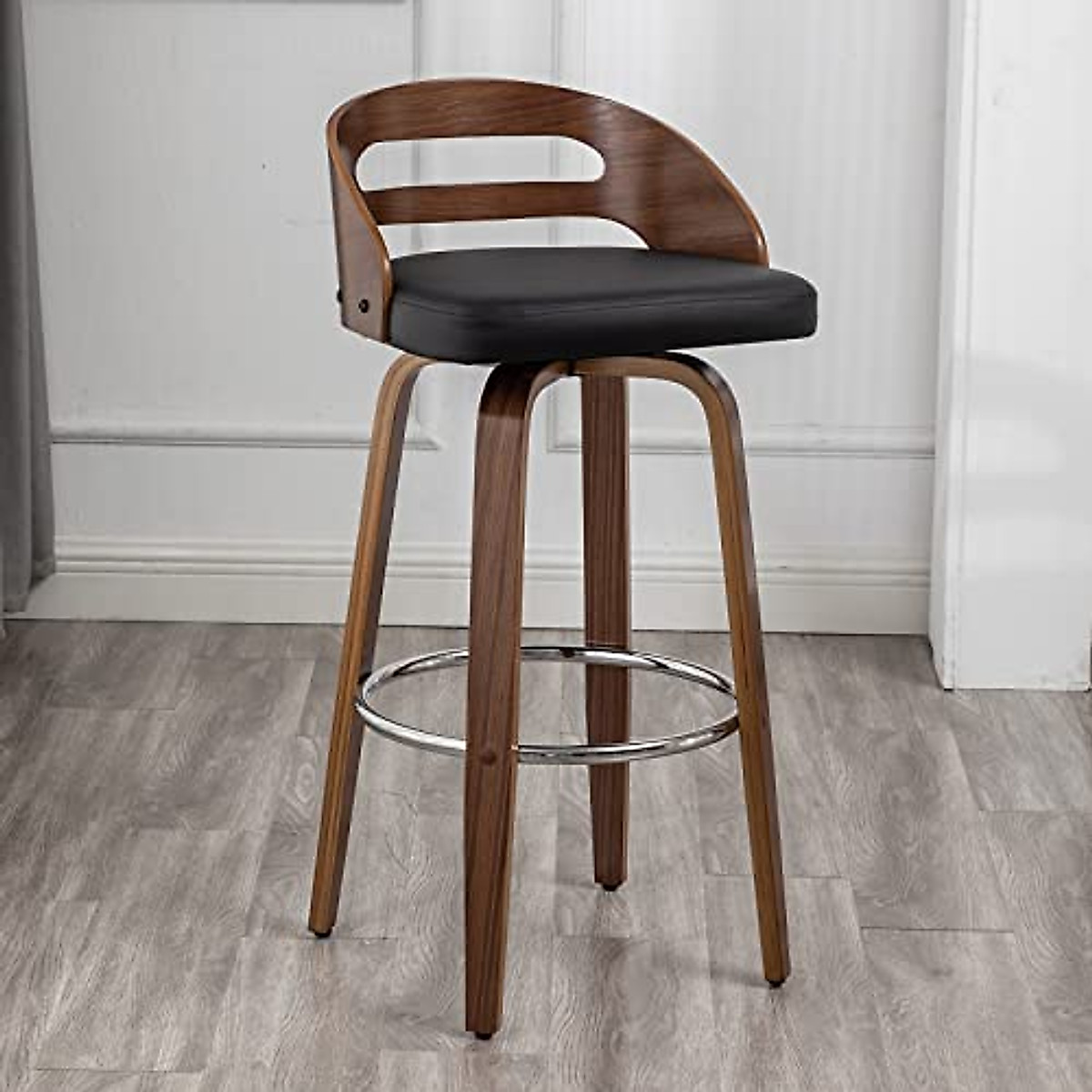 Bar Stools Set of 2, Swivel Bar Height Stools with Walnut Bentwood, Low Back, Upholstered Faux Leather, Soft Cushion Seat, Mid Century Bar Stools for Kitchen/Island/Counter (Black, 25" Seat Height)
