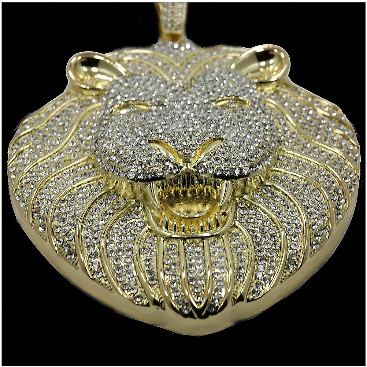 MAXBLING81 FASHION HIP HOP RAPPER STYLE ICED SIMULATED DIAMOND GOLD SILVER PLATED JUMBO LARGE LION HEAD CHARM PENDANT & 14mm 18" 20" 24" ZIG ZAG CUBAN BOX LOCK CHAIN NECKLACE GIFT (24" CHAIN, GOLD)