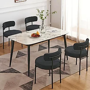 EDWELL Black Boucle Dining Chairs Set of 4, Mid Century Modern Dining Room Chairs with 3.94“ Cushions, Round Upholstered Kitchen Chairs with Black Metal Legs for Dining Chair, Living Room