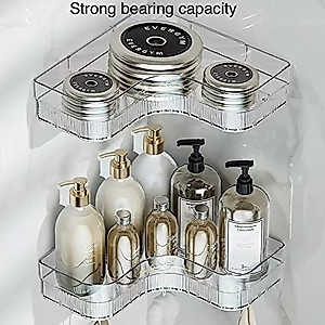 KQJS Corner Shower Caddy shelf,2-Pack Adhesive Shower Organizer Plastic Shower Shelf with 3 Hooks,No Drilling Shower Organizer,Wall Mounted with Large Capacity Shower Shelves (Transparent)