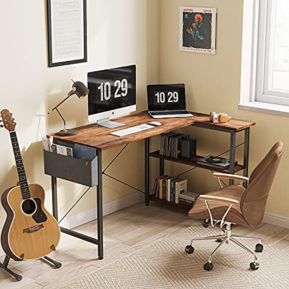 CubiCubi 47 Inch Small L Shaped Computer Desk with Storage Shelves Home Office Corner Desk Study Writing Table, Deep Brown