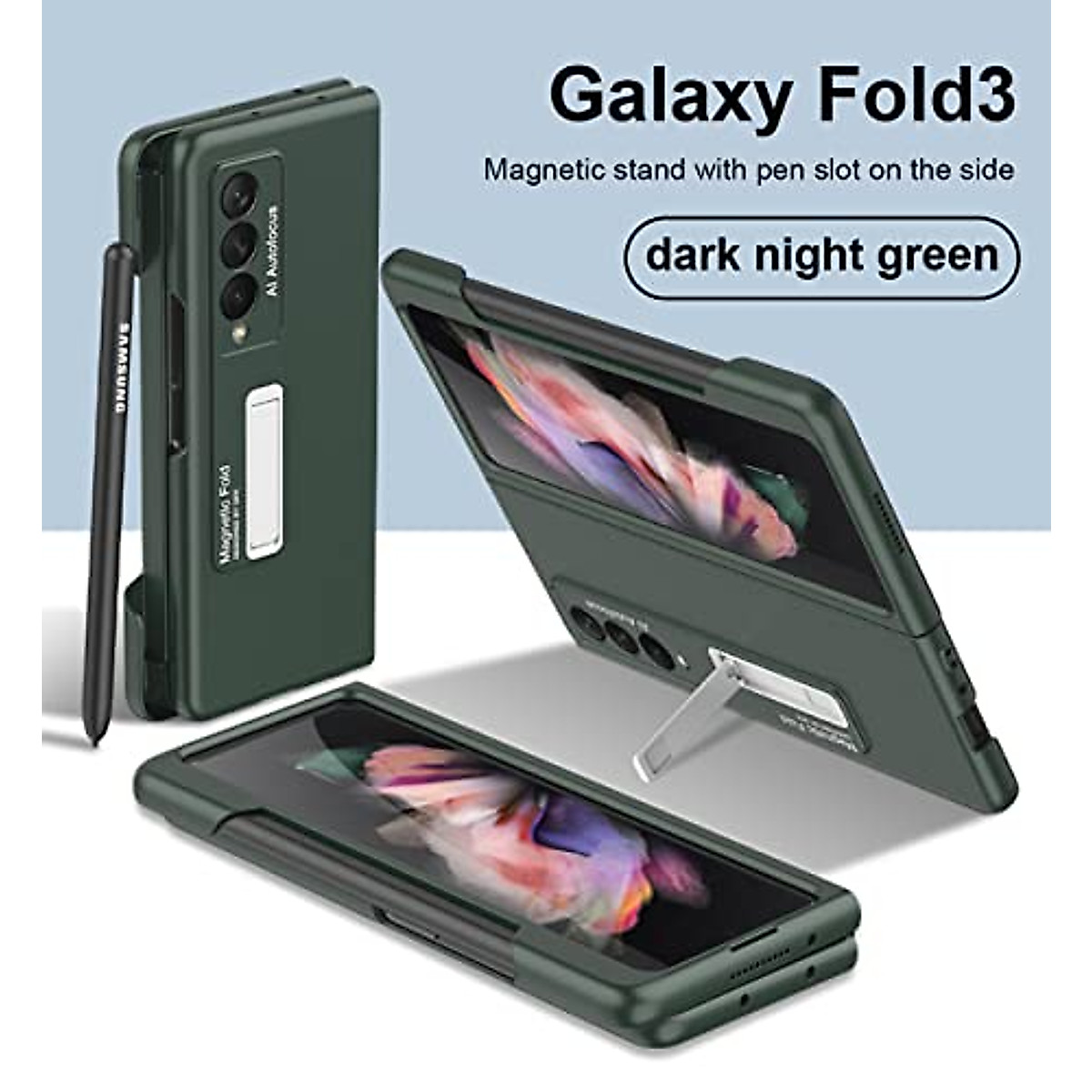 Hualele Case for Samsung Galaxy Z Fold 3 Full Body [with Built-in Pen Holder] Hard PC Ultra Slim Anti-Scratches Shockproof Protective Phone Case for Samsung Galaxy Z Fold 3-Green