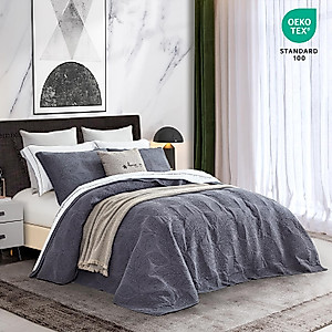 CHIXIN Botanical Cotton Quilt Queen Size - Real Stitching Leaf Pattern - Quilted Bedspread Coverlet Set, Ultra Soft, Lightweight, Reversible, 3 Piece, Dark Grey