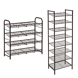 SONGMICS 4-Tier Shoe Rack and 8-Tier Storage Rack Bundle, Shoe Organizer, Sturdy Narrow Shoe Shelf, Adjustable Feet, Vertical Shoes Rack Tower for Entryway, Bronze ULMR067A01 and ULMR028A01