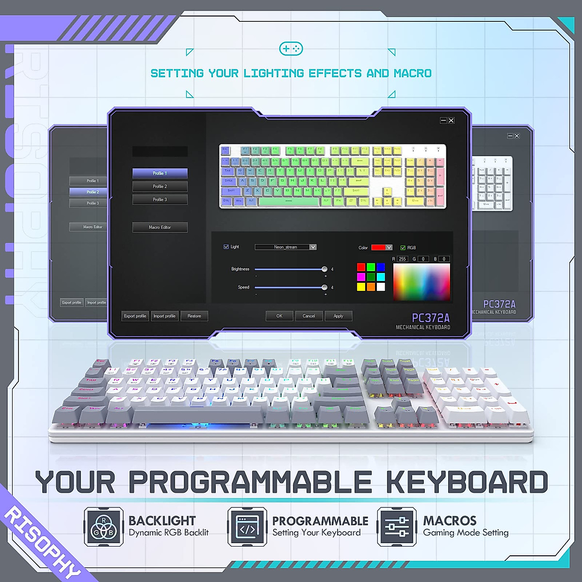 Wireless Mechanical Keyboard, Triple Mode 2.4G/USB-C/Bluetooth Gaming Keyboard, 104 Keys Programmable, Customize RGB Backlit, Red Switch, Bicolor PBT Keycaps, Rechargeable Wired Keyboard for Laptop PC
