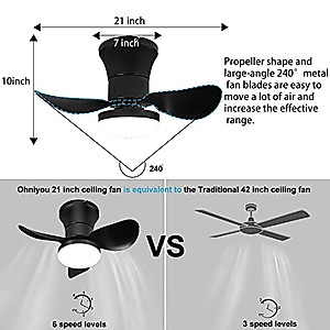 Ceiling Fan with Lights and Remote - 21'' Small Modern Ceiling Fan Remote & APP Control - Dimmable Metal Blades Flush Mount Quiet Mini Ceiling Fans Lights for Kitchen Dining Room Bedroom(Black)