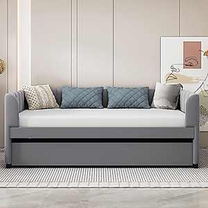 KTATK Twin Size Velvet Upholstered Daybed with Ergonomic Design Backrest and Trundle,Classic Stripe Shaped Headboard,No Box Spring Needed,for Bedroom, Living, Guest Room,Gray
