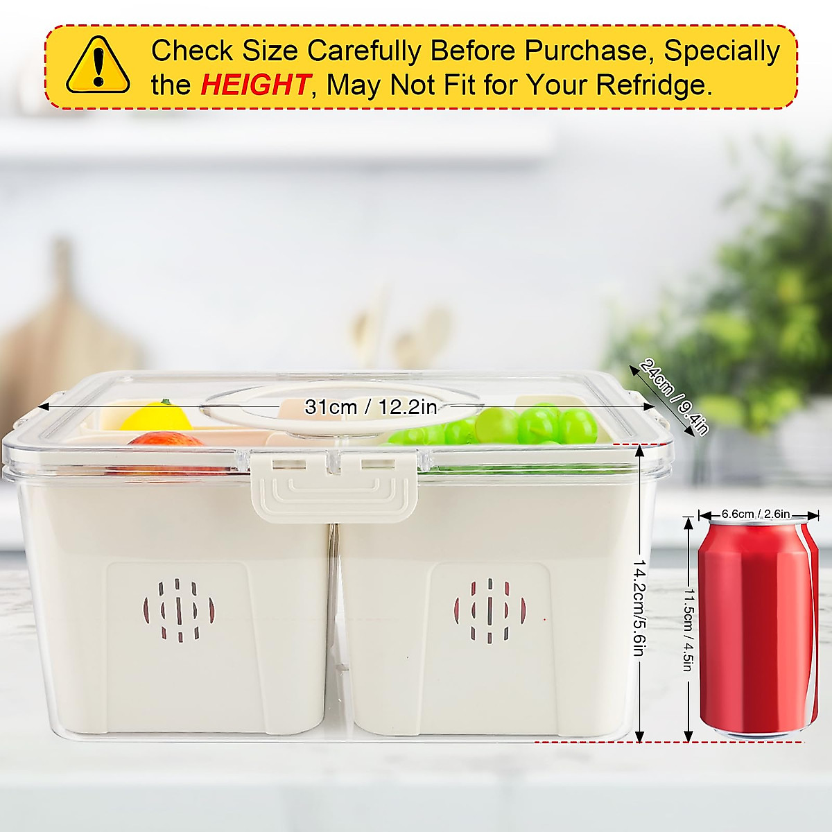 shopwithgreen Fruit Storage Containers for Fridge with Lid and Handle, Portable Fresh Produce Saver, Food Box Container with 4 Removable Colanders for Berry, Vegetable, Refrigerator Organizer Bins