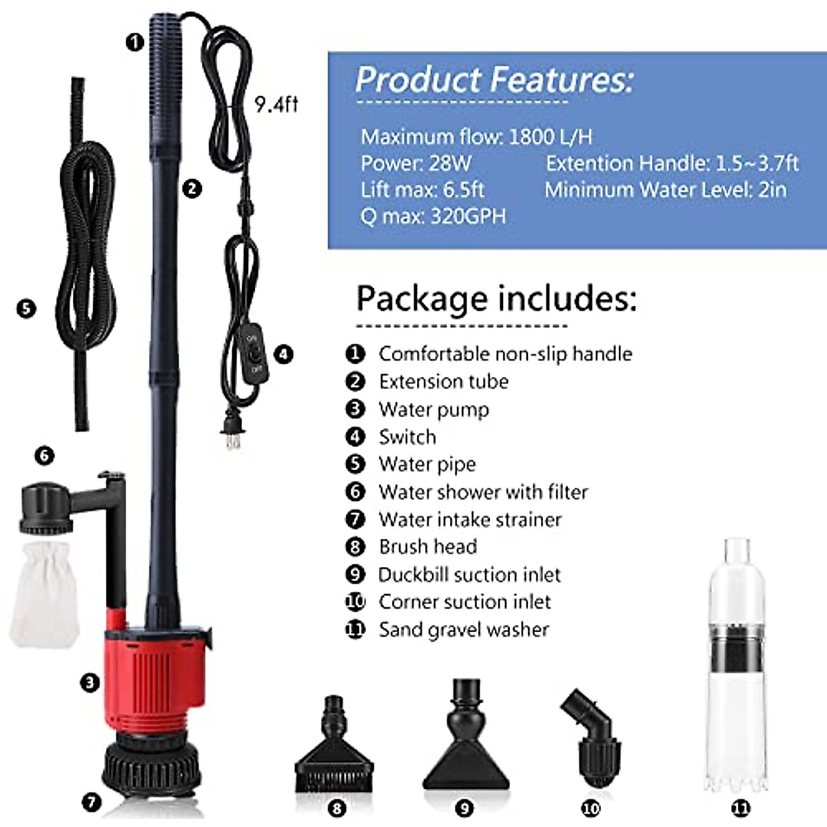 Aquarium Gravel Cleaner Siphon Kit, 6 in 1 Automatic Fish Tank Cleaning Tools Electric Removable Vacuum Water Changer for Changing Water/Removing Detritus/Washing Sands