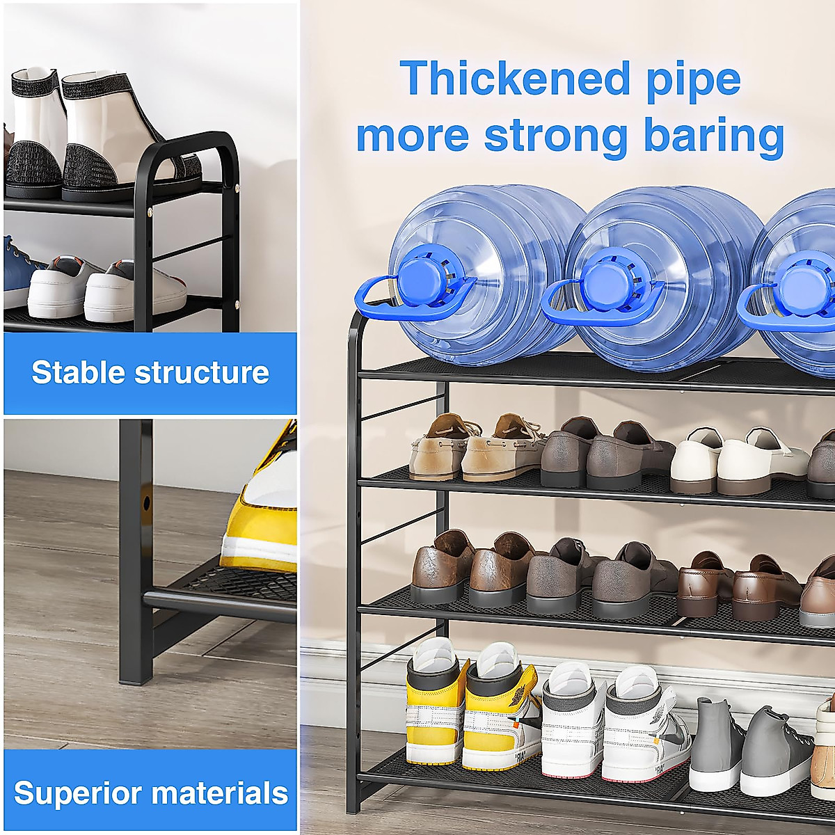 AIYAKA 4-Tier Shoe Rack Storage Organizer, Metal Stackable and Adjustable Shoe Rack for 16 Pairs of Shoes for Entryway Closet Doorway, Black