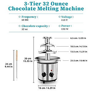 Outamateur 32-Ounce Chocolate Fondue Fountain,3-Tier Electric Chocolate Melting Machine with 6PCS Fondue Fork,Stainless Steel Party Fountain,Hot Chocolate Fountain Pot for Nacho Cheese,BBQ Sauce,Ranch,Liqueurs
