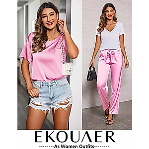Ekouaer Womens Silk Satin Pajamas Set Two Piece Pj Sets Sleepwear Loungewear Short Sleeve Pj Sets Hot Pink