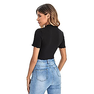 SweatyRocks Women's Lettuce Trim Ribbed Knit Short Sleeve Crop Top T-Shirt Black S