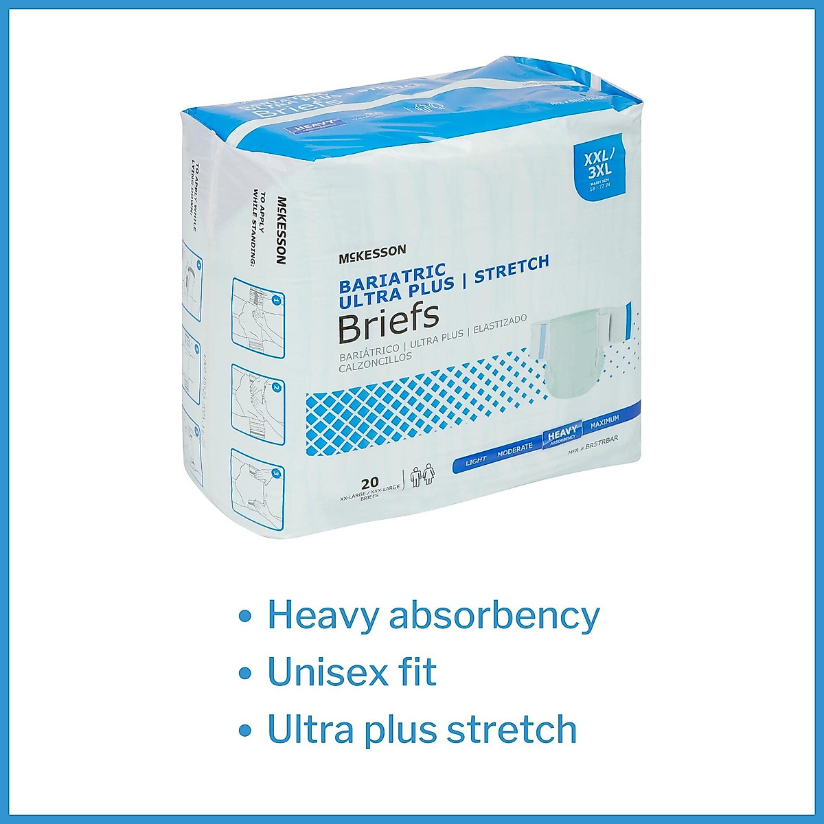 McKesson Bariatric Ultra Plus Stretch Briefs, Incontinence, Adult Unisex, Heavy Absorbency, 2XL / 3XL, 20 Count, 4 Packs, 80 Total