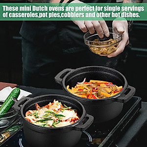 Suttmin 2 Sets Mini Dutch Oven Pot with Lid and Wooden Base Pre Seasoned Cast Iron Casserole Mini Cast Iron Pot Round Cocotte with Handle Heavy Duty Casserole Dish for Grill Oven, Black（8 oz）