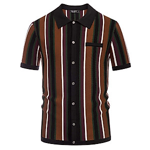 PJ PAUL JONES Mens Casual Short Sleeve Shirt Button Down Knit Stripe Polo Shirt Black M