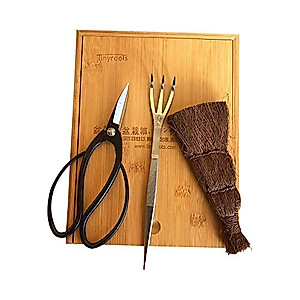 Tinyroots Tool Kit for Bonsai - 3 Piece Set Includes: Traditional Butterfly Shaped Bonsai Shears, Genuine Japanese Hemp Broom, Three Pronged Rake & Bamboo Storage Case + Bonsai Tools