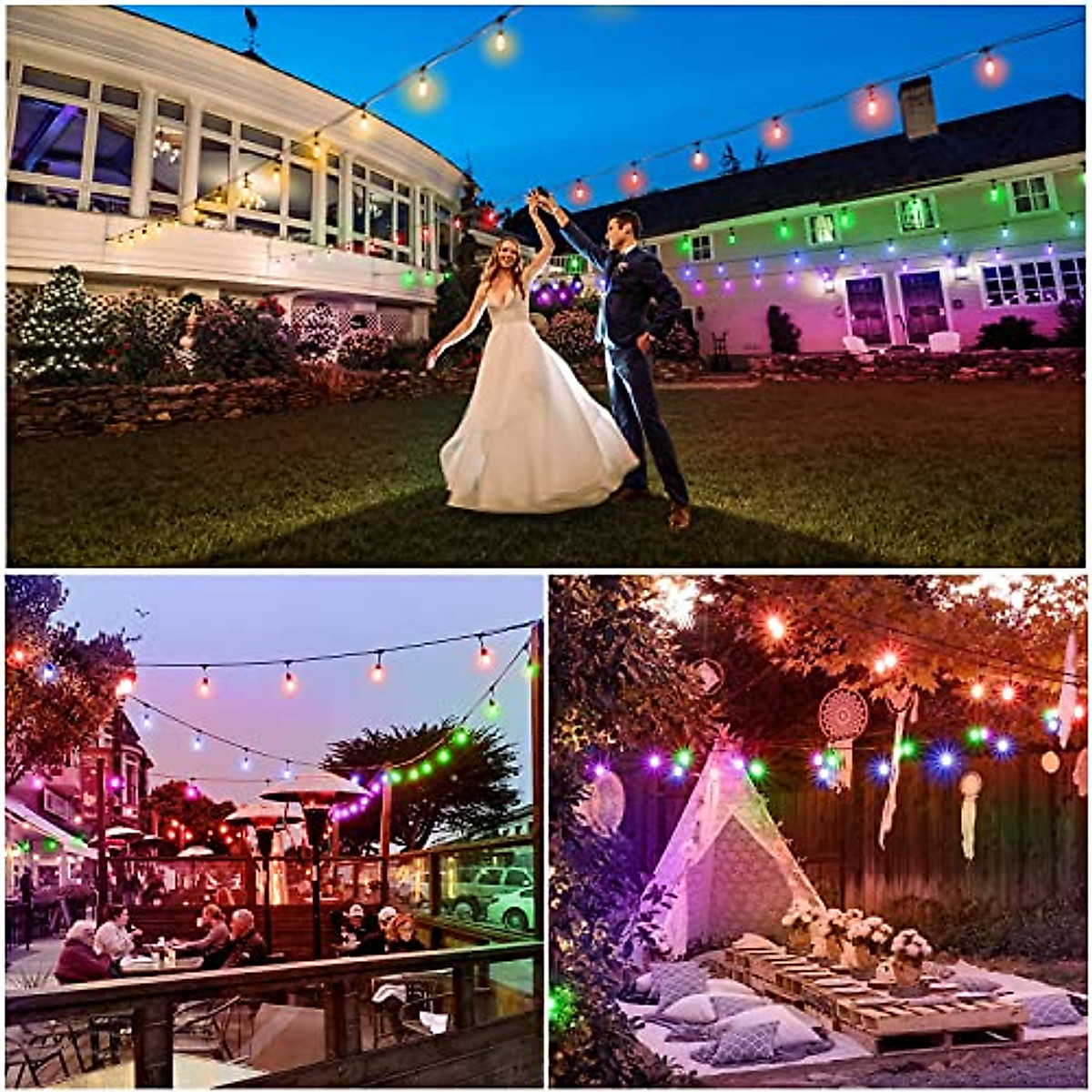 SHINE HAI 2-Pack 48FT Outdoor RGB String Lights, Cafe LED String Light with 30+5 Shatterproof Edison Bulb Dimmable, Commercial Light String for Patio Backyard Christmas Party, 2 Remote, 96FT