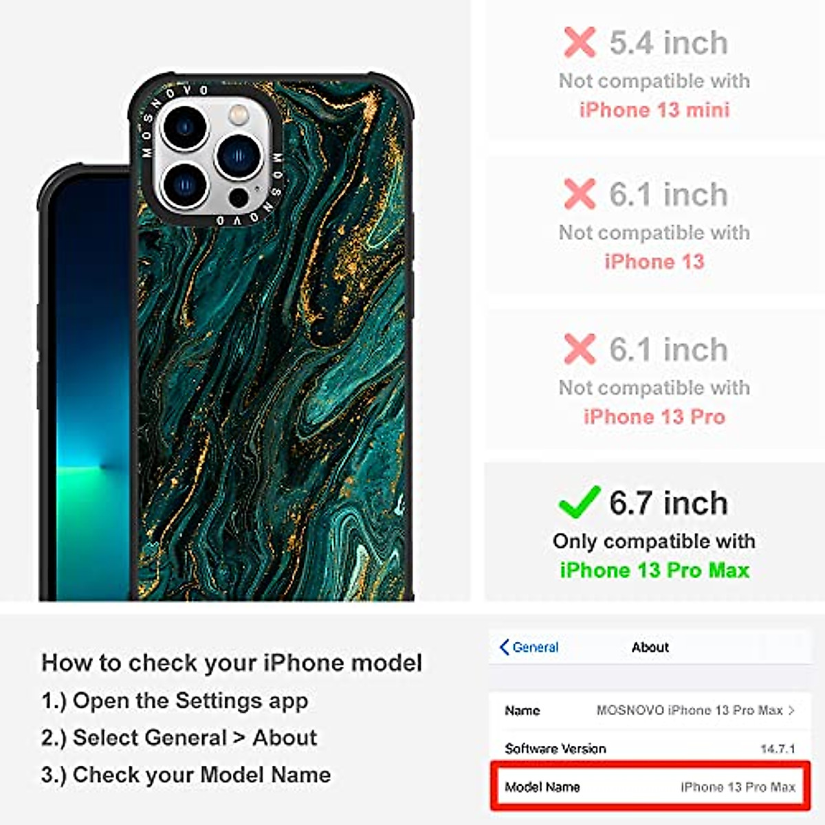 MOSNOVO Case for iPhone 13 Pro Max, [Compatible with Magsafe] [Buffertech 6.6ft Military-Grade Drop Protection] [Anti Peel Off Tech] Clear Phone Case Design - Jade Marble (Real Glitter)