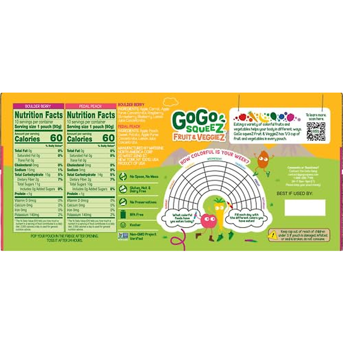 GoGo SqueeZ Fruit & VeggieZ Variety Pack, Pedal Peach and Boulder Berry, 3.2 oz (Pack of 20), Unsweetened Snacks for Kids, Gluten Free, Nut Free, Dairy Free, Recloseable Cap, BPA Free Pouches