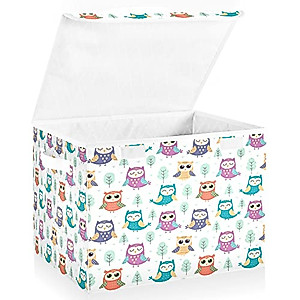 Kigai Cute Happy Owls Storage Basket with Lids and Handles,Collapsible Storage Bins Organizer for Bedroom Organization,Office Storage,Toys,16.5x12.6x11.8 In