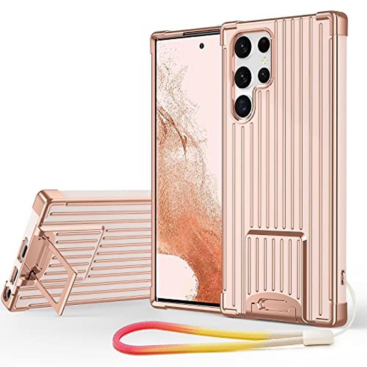PTUONIU for Samsung Galaxy S22 Ultra Case, Luxury Electroplate Edge Bumper Case Wristband Kickstand Rugged Cover with Fashion Designs for Women Girls,Protective Phone Case for S22 Ultra Rose Gold