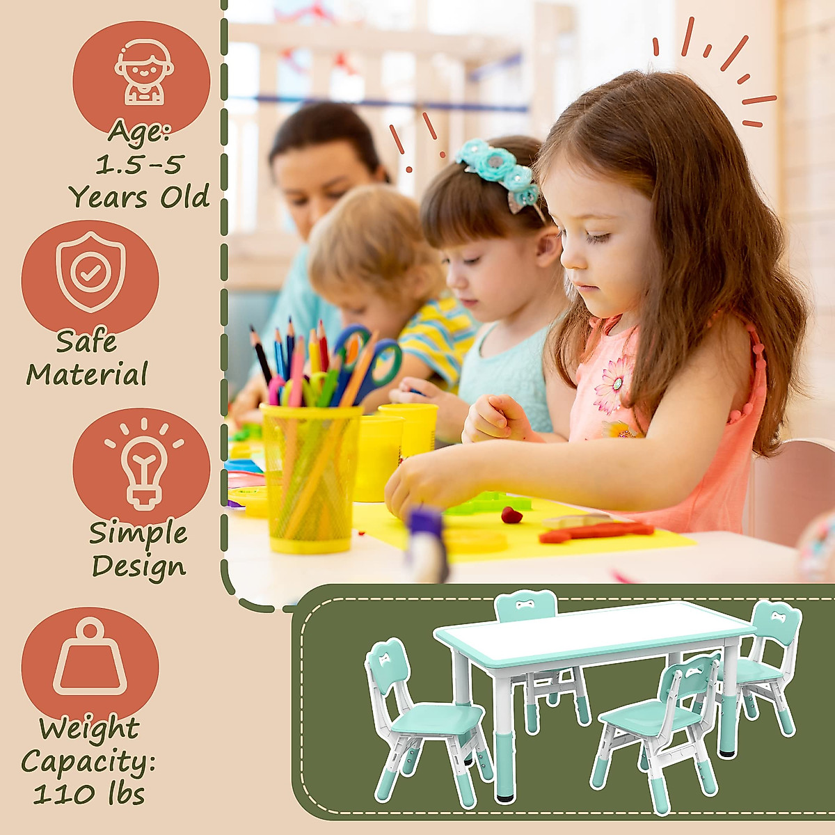 Qaba Kids Table and Chair Set, 5 Piece Toddler Table and Chair Set with 4 Chairs Adjustable Height, for Snack Time, Homeschooling Aged 1.5-5 Years Old, Green