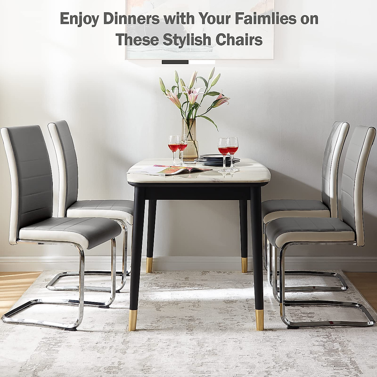 SICOTAS Dining Chairs Set of 4 - Modern Kitchen Chairs Faux Leather, High Back Dining Room Chairs with Metal Base, Upholstered Dinner Chairs, 4 PCS Armless Side Chair for Dining Room and Kitchen, Grey