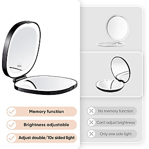 KEDSUM Lighted Travel Makeup Mirror, 1X/10X Magnifying Compact Mirror with Rechargeable LED Lights, Dimmable Double Sided Folding Mirror, Portable, Large, Daylight, USB Charging (Black)