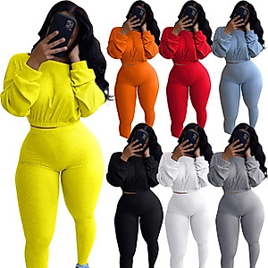 Annystore Women Casual 2 Piece Tracksuit Outfit Ribbed Pullover Crop Tops High Waisted Long Pants Jogger Sets Sweatsuit Grey M
