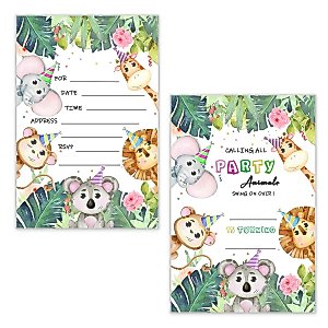 MUZRUYOU Party Animals Birthday Invitation cards with Envelopes, Wild One Animals Invitation cards, Zoo Safari Animals kids Invite (20 pack)