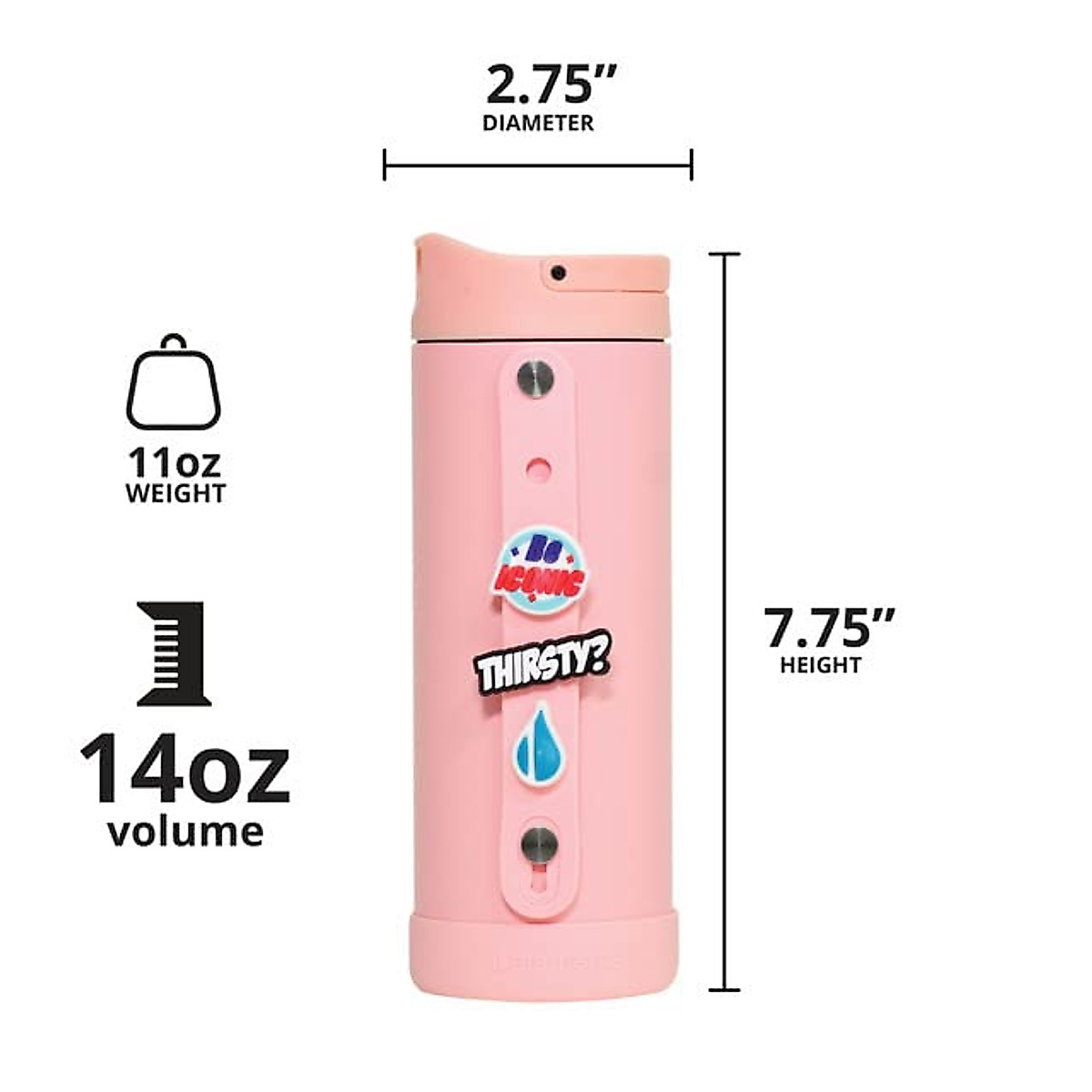 Elemental Iconic Kids Water Bottle with Straw Lid & Charms Strap, Leak-Proof When Closed, Triple Insulated Stainless Steel Reusable Thermos Water Bottle - 14oz, Rose
