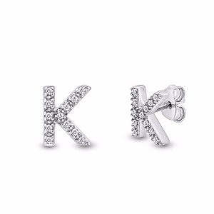 1/10 Carat Round White Natural " Diamond Alphabet Initial Letter "K " Diamond Stud Earrings In 14k White Gold Over Sterling Silver (0.1 Cttw)