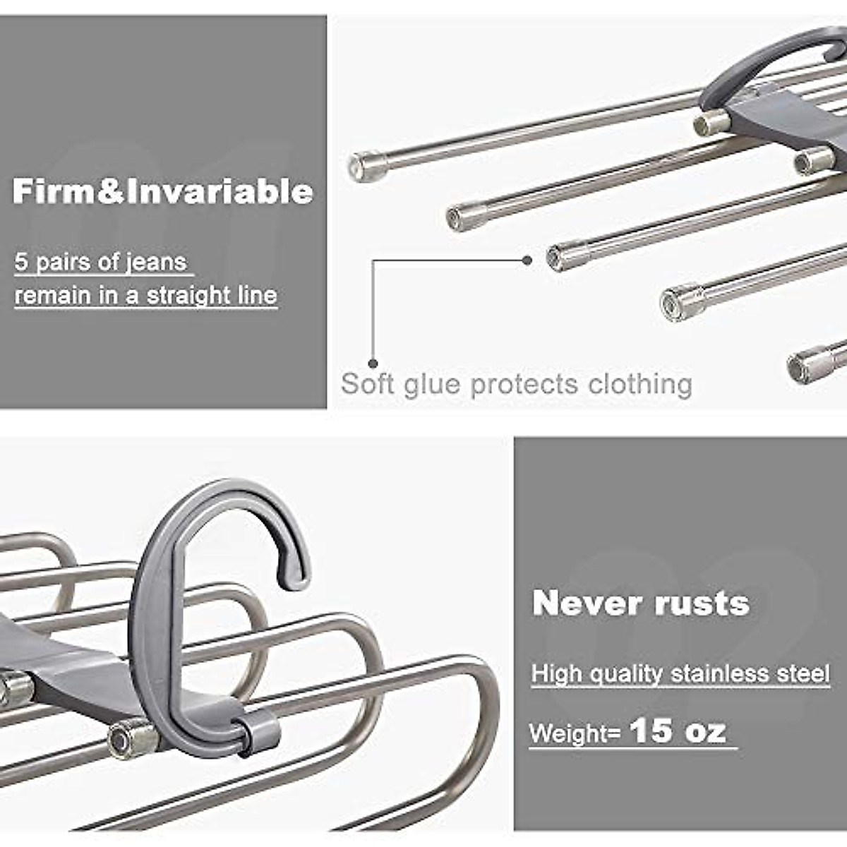 WAOU Massy Pants Hangers Multi-Layer Hanging Pants 5 in 1 Pants Rack Stainless Steel Pants Hangers Folding Storage Rack Space Saver Storage for Trousers Scarf Tie Belt Adjustable Gary (1 Pack)
